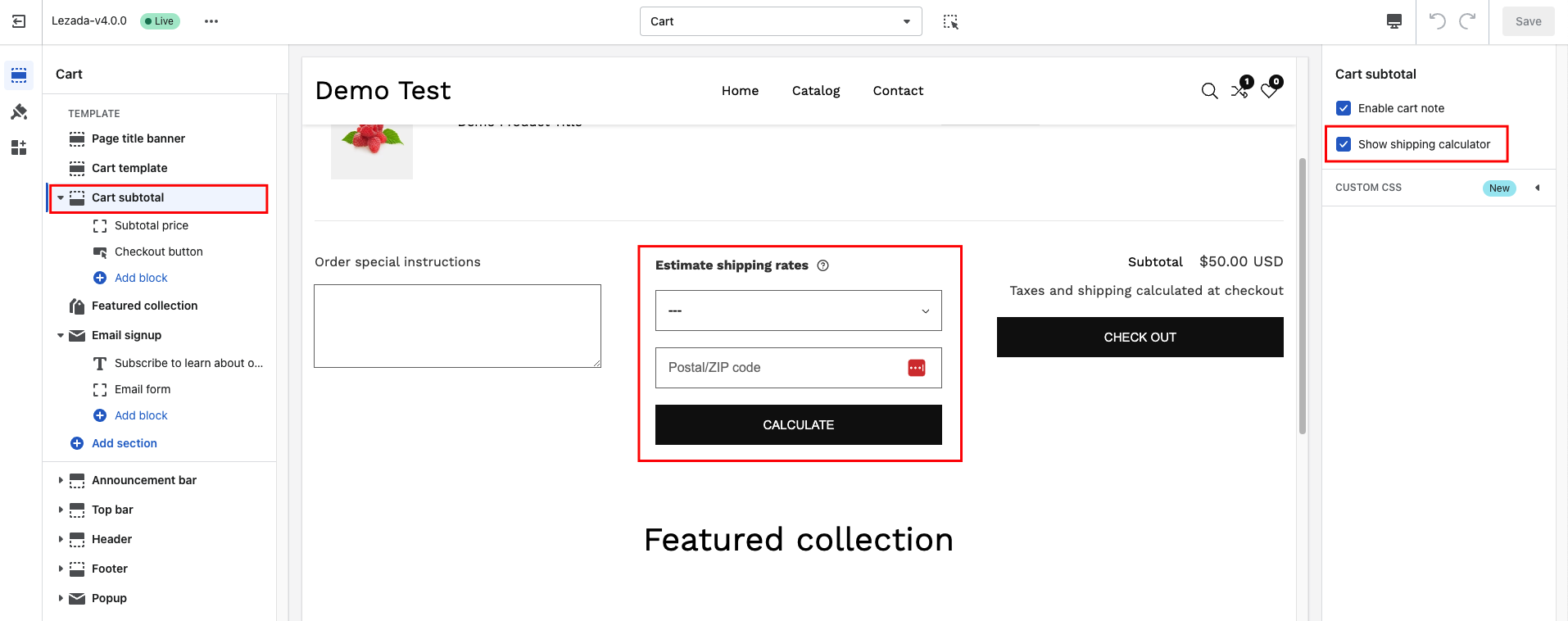 Enable and edit shipping rate calculator – Lezada Shopify Theme
